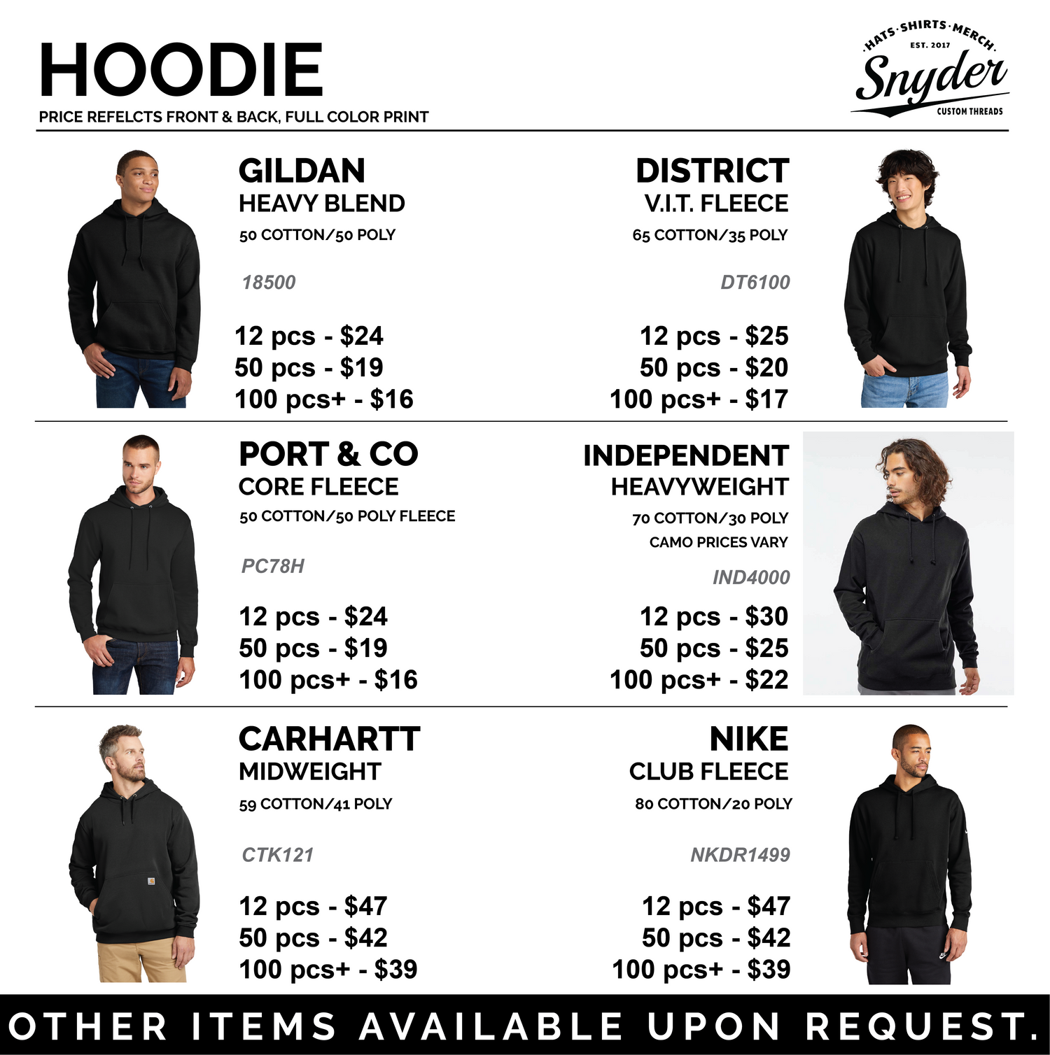 Price Sheet – Snyder Custom Threads