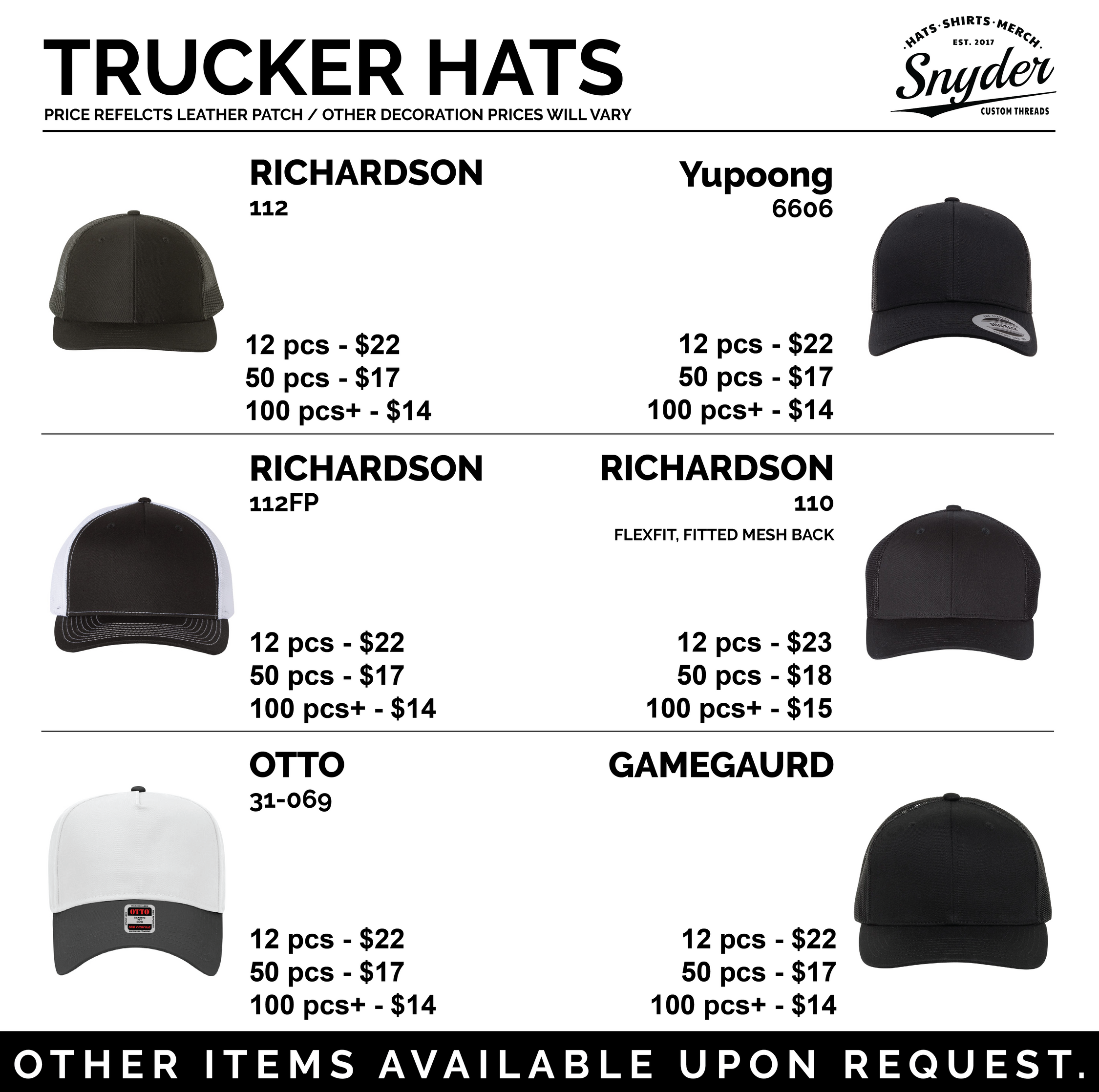 Price Sheet – Snyder Custom Threads